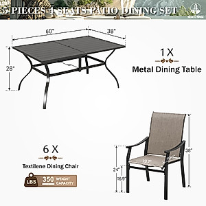 HERA'S HOUSE Outdoor Dining Set 7 Piece Patio Dining Sets, 6 Brown Textilene Chairs and 1 Rectangular Metal Dining Table, Patio Furniture Set for Deck Backyard Lawn Garden Porch