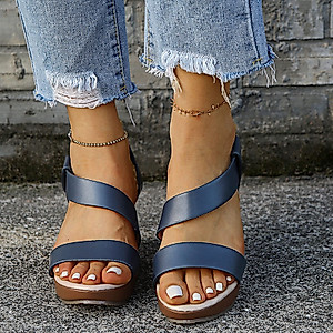 Sudnghyto Women's Casual Strappy Sandal Elastic Strap Pearl Boho Beach Dress Sandals Open Toe Wedge Platform Slope Shoes