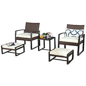 ARTLOFT 5 Pieces Patio Bistro Set, Outdoor Wicker Furniture Set Modern Rattan Patio Chairs with Side Table & Ottomans, Patio Conversation Sets for Balcony, Apartment, Porch, Garden (White)