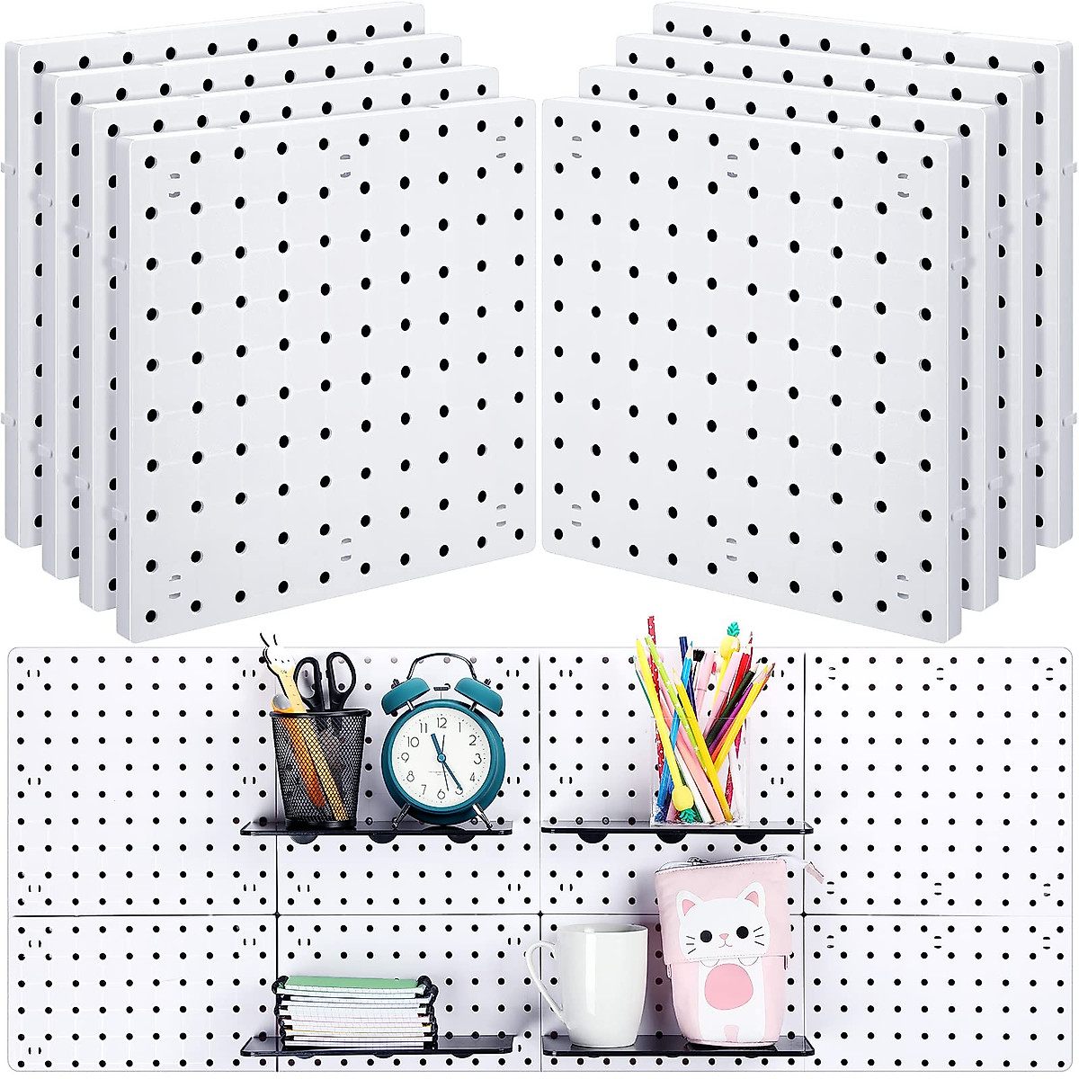 Nuanchu 8 Set Pegboard Wall Mount Display Organizer Kit - Plastic Pegboard Panels for Garage Kitchen Living Room Office No Drilling to Wall, No Drilling Required, 10 x 10 Inch(White)