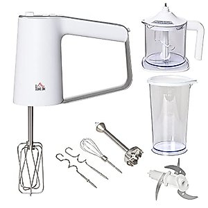 HOMCOM 5-in-1 Electric Hand Mixer, Handheld Mixer with Measuring Cup, 300W Immersion Blender with 5+1P Speeds, Dough Hooks, Chopper, Whisk and Mixers for Meat, Fruit, Mashed Potato and Milkshake