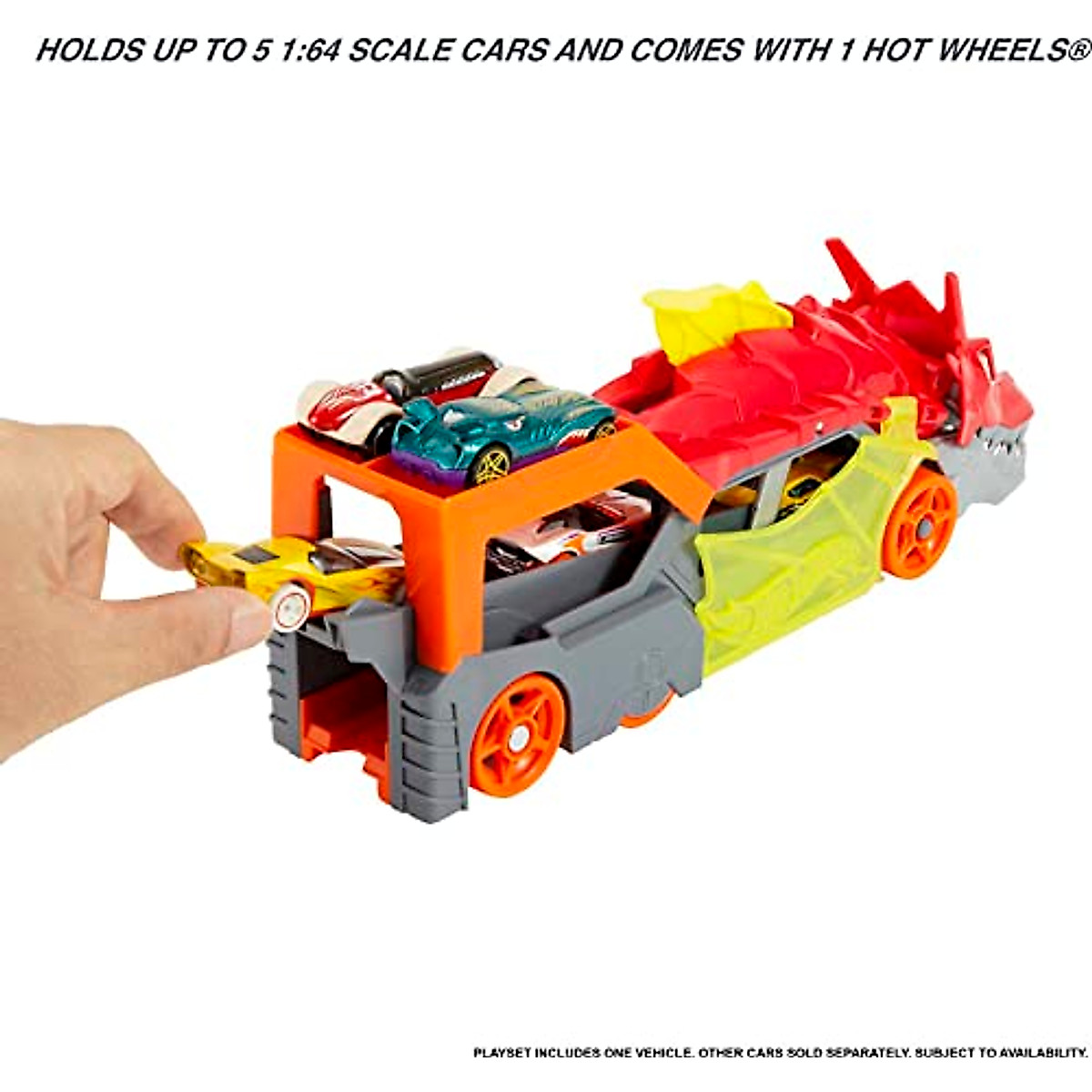 Hot Wheels Toy Car Track Set City Dragon Launch Transporter & 1:64 Scale Car, Stores Up to 5 Vehicles