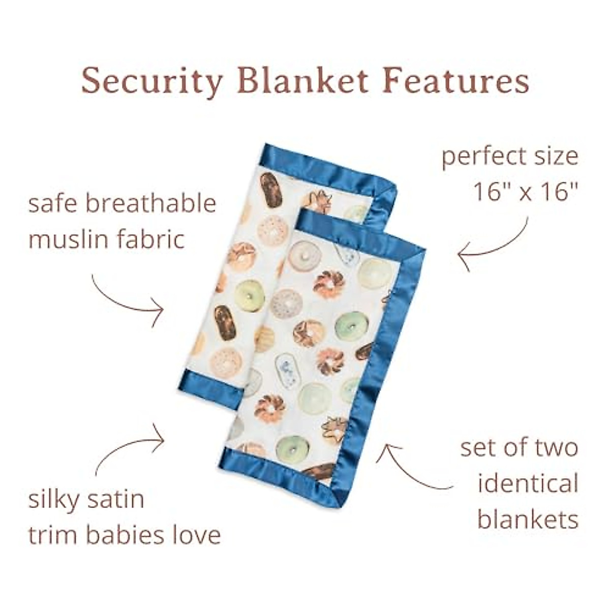 lulujo Baby Security Lovey Blankets| Unisex Softest Breathable Bamboo Viscose Cotton Muslin Security Blanket with Silky Satin Trim| Neutral Comforting Blanket for Girls & Boys | 16in by 16 in| Donuts