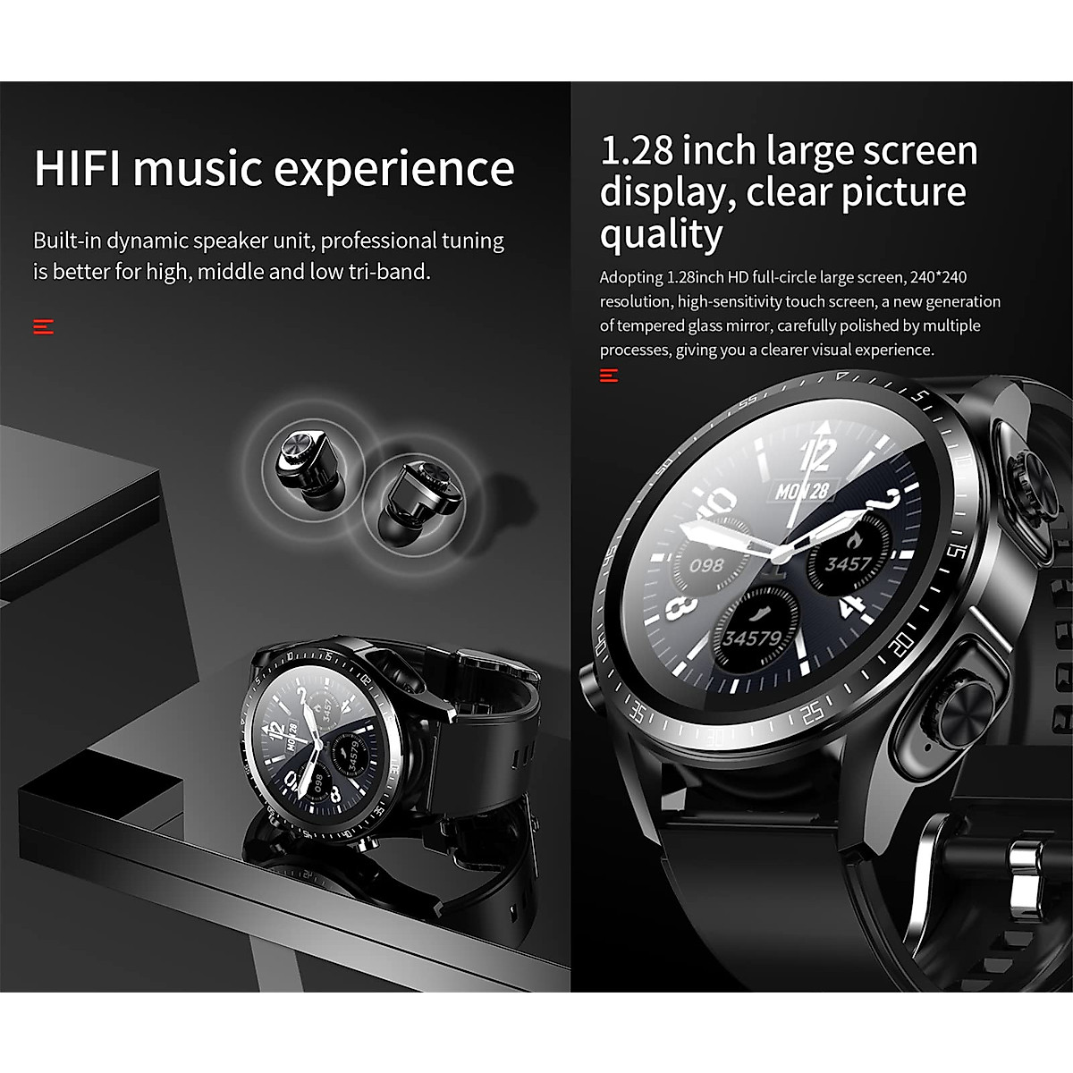 Tuanzi JM03 2 in 1 Smart Watch with Earbuds 1.28" Smartwatch TWS HiFi Stereo Wireless Headset Combo Bluetooth Phone Call for Android iOS(Black)