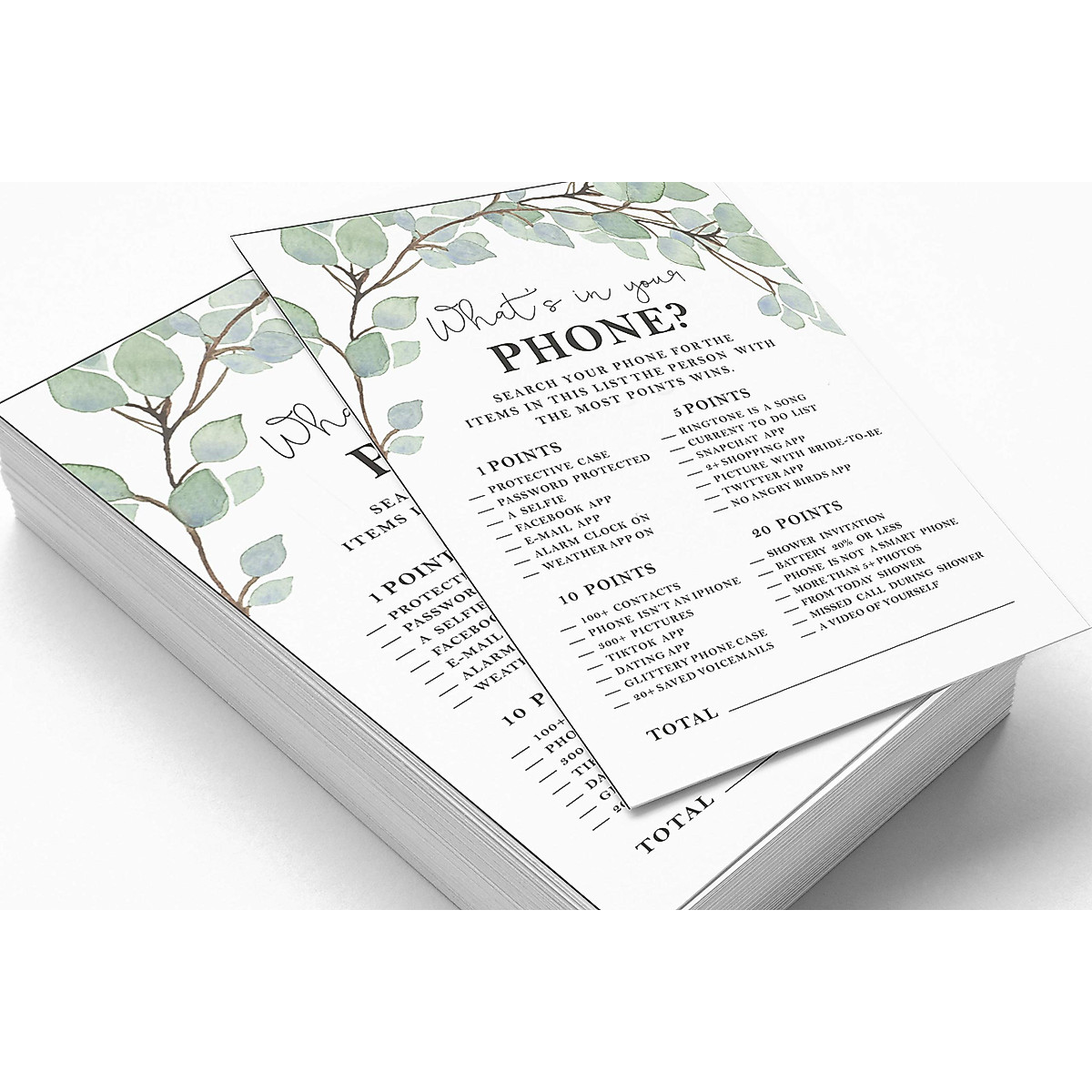 Inkdotpot 50-Pack Greenery Whats on Your Phone Bridal Shower Game Wedding Shower Bachelorette Party Bulk Activity Game Cards