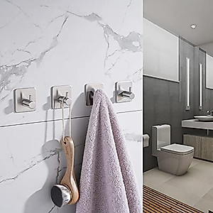 Eowihor Heavy Duty Wall Hooks, Self Adhesive Hook, Robe Hook Stainless Steel, Ideal for Bathroom and Bedroom 4-Packs Silver