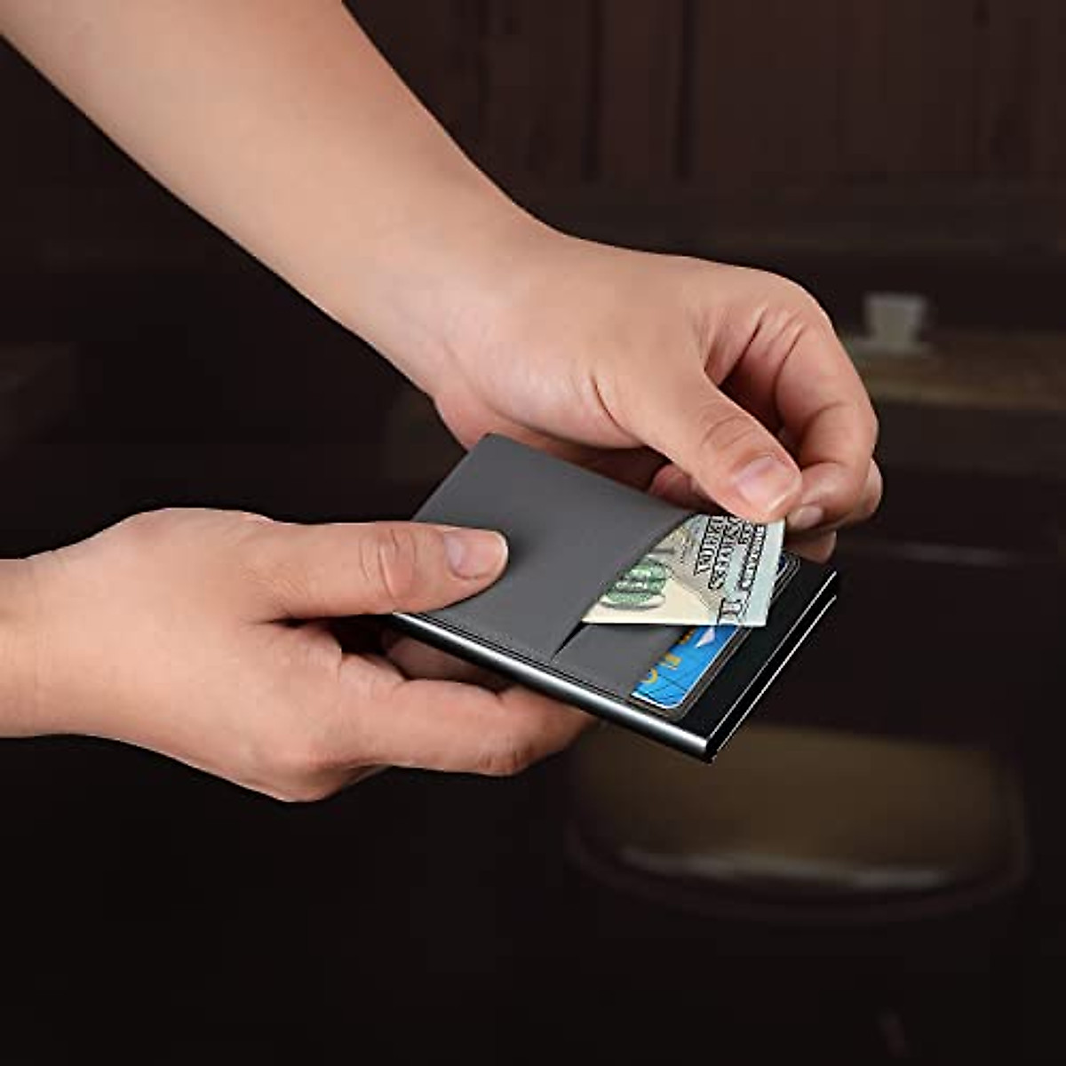 Leaov Minimalist Credit Card Holder wallet Pop Up Cards for Men, with Money Pocket，RFID Blocking Carbon Fiber Slim Metal Case(Space Grey)