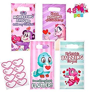 JOYIN 48 Pieces Valentines Day Gift Bags Valentine Goodies Bag for Kids Party Favor Supplies Valentine’s Treat Bags including To and From stickers