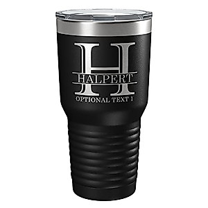 Personalized 30oz (17 Colors) Powder Coated Insulated Stainless Steel Tumbler with Lid, Custom Etched, Customized Engraved Gift Idea for Women Men Her Him, Halpert Monogram Initial Name (Black)