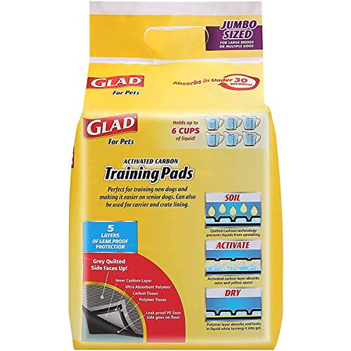 Glad for Pets JUMBO-SIZE Charcoal Puppy Pads | Black Training Pads That ABSORB & Neutralize Urine Instantly | New & Improved Quality Puppy Pee Pads, 30 Count - 2 Pack (60 Pads Total)