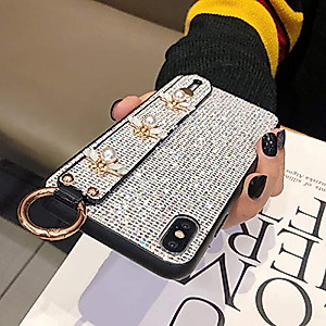 Aowner iPhone 14 Pro Max Case - Glitter Bling Stand, Luxury Hand Strap, Sparkle Pearl Bee Wrist Bracket, Silver
