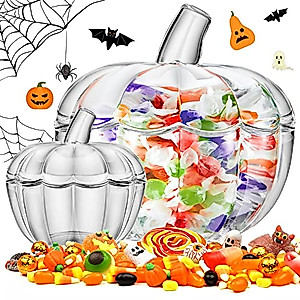 Tessco 2 Pcs 70oz Glass Pumpkin Candy Jar with Lid Halloween Pumpkin Jars Candy Bowl for Halloween Home Decoration(Clear, Large, Small)