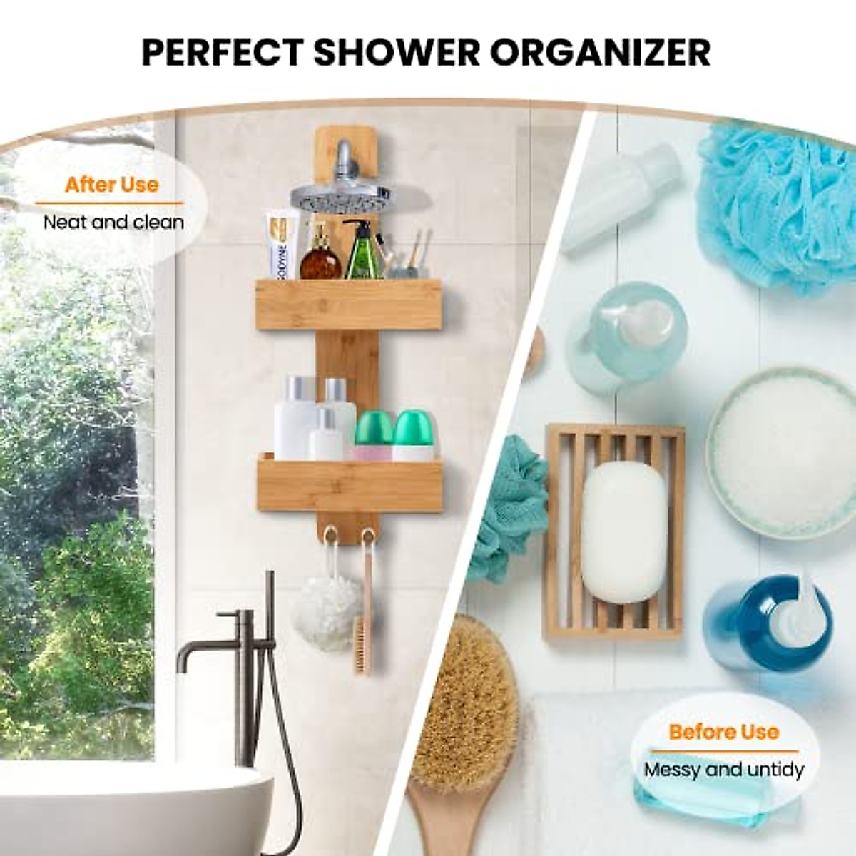 LOKO Bamboo Hanging Shower Caddy, Natural & Waterproof Bamboo Shower Rack w/ 2 Storage Baskets & 2 Hanging Hooks, 2-Tier Bathroom Shower Organizer Holder for Shampoo, Conditioner, Soap