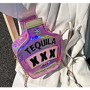 QZUnique Laser Handbag Women's PU Sequins Bucket Bag Embroidery Crossbody Bag Zipper Closure Shoulder Bag