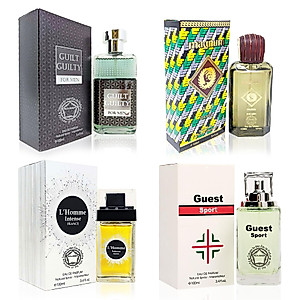 META-BOSEM Guilt+Magnum+L'Homme Intense+Guest Sport 4Pc Set Men's Cologne bottle Collection, Eau de Parfum Spray - Fresh Masculine Scent - Holiday Gift (Pack of 4) Each 3.4 Fl Oz, Total 13.60 Oz