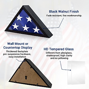 ASmileIndeep Flag Display Case for 3' x 5' Flag, American Flag Shadow Box with HD Tempered Glass and Wall Mount, Folded Triangle Flag Holder Frame for Small Flag (Not for Burial Flag) - Black Walnut