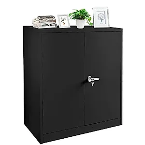 INTERGREAT Metal Storage Cabinet with Locking Doors, Lockable Steel Storage Cabinet with 2 Doors and Shelves, Black Metal Cabinet with Lock, Small Steel Cabinet for Home Office, Garage, Shop