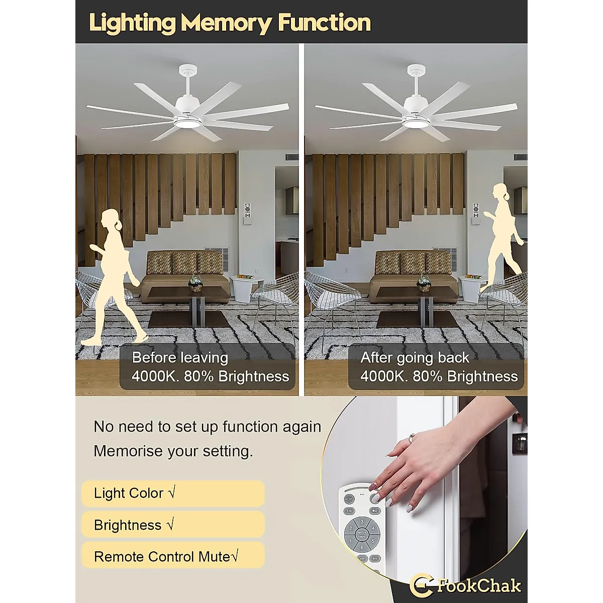 FookChak 65in White Large Ceiling Fan with Lights Remote Control 8-Blade Outdoor Ceiling Fan Light for Patio, Multi-speed Reversible Airflow for Garage Home Office Gym Room Living Room Bedroom