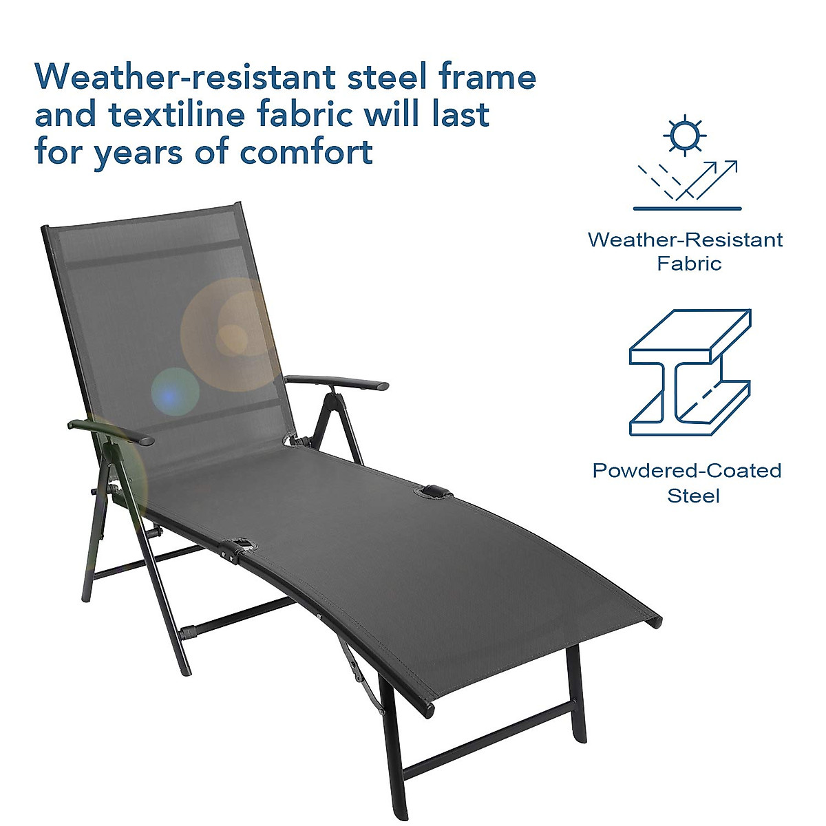 Circrane Outdoor Lounge Chair, Textiline Folding Chaise, Lounge Recliner for Beach/Yard/Pool/Patio with 7-Positions Adjustable backrest & Foldable Footrest (Grey)