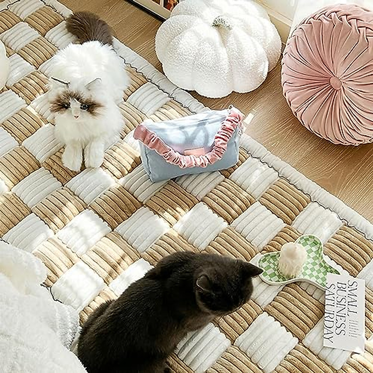 Cream-Coloured Large Plaid Square Pet Mat Bed Couch Cover, Cosy Plush Couch Cover Non Slip Floral for Pets Dogs Bed (Style-4, 27.6x59.06 in)