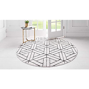 Rugs.com Lattice Trellis Collection Rug – 5 Ft Round White Low-Pile Rug Perfect for Kitchens, Dining Rooms