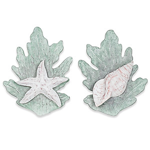 T.I. Design Hand-Carved Wood Starfish and Turban Shell on Reef | Coastal Seashells Beach Wall Decor Set of 2