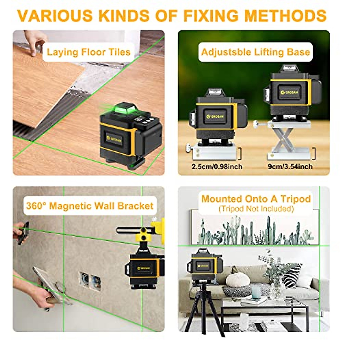 GROSAM Laser Level, 16-line Green Laser Level For Self-leveling Of Buildings And Picture Hangings, Two 360° Vertical Lines And Two 360° Horizontal Lines With Battery Power Detection