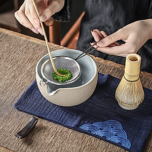 Japanese Tea Set (7pcs) Matcha Bowl with Pouring Spout Bamboo Matcha Whisk (chasen) Scoop (chashaku) Matcha Whisk Holder Tea Making Kit. N2, Darker Grey, Matcha Green Tea Powder