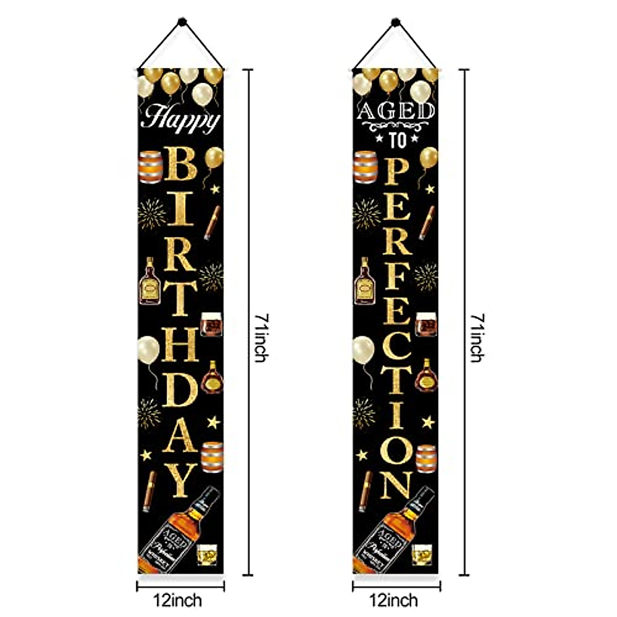 Whiskey Happy Birthday Door Banner Decorations for Men, Black Gold Whiskey Themed Happy Birthday & Aged to Perfection Party Sign Supplies, Cheer and Beer Themed Happy Birthday Photo Booth Props Decor for Indoor Outdoor