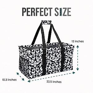 Lucazzi Extra Large Utility Tote Bag - Oversized Collapsible Reusable Wire Frame Rectangular Canvas Basket With Two Exterior Pockets For Beach, Pool, Laundry, Car Trunk, Storage - Damask Gray