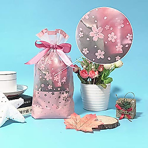 SumDirect 50 Pcs 6x9 Inch Pink Plastic Drawstring Gift Bags, Cherry Blossom Party Favor Treat Bags with Satin Drawstring