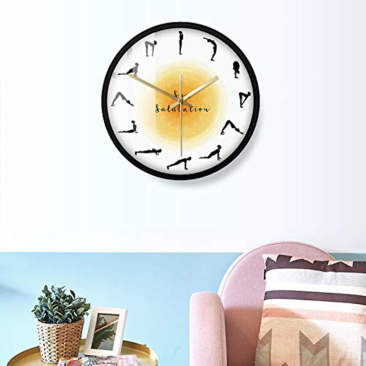 Wall Clock 12 inch Round Iron Frame Clock Yoga Pose Silhouette Wall Clock Non Ticking Sun Salutation Wall Clock Yoga Studio Decor Gift for Yogis