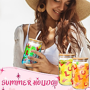 Yaomiao 4 Sets Glass Cups with Bamboo Lids and Straws, 16 oz Drinking Beer Can Iced Coffee Cup with Lid Straw and Cleaning Brush Reusable Tumbler Drinking Glass Coffee Gift Idea (Cowgirl)