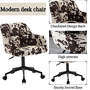 BESTANO Cow Print Velvet Desk Chair Office Chair with Mid Back Support Armrest, Adjustable-Height 360° Swivel Chair with Wheels Rolling Task Chair Home Office Modern Vanity Chair, Cow Print