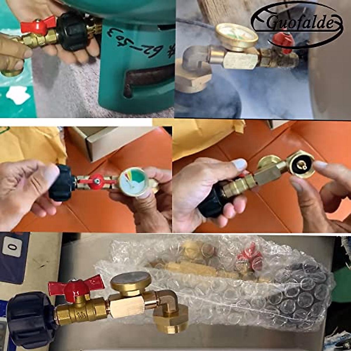 GUOFALDE QCC1 Propane Refill Elbow Adapter with Gauge and ON-Off Control Valve, 90 Degree Pressure Adapter, for 1LB Propane Tank to Be Refilled Gas from 5~40 LB Propane Tank