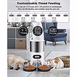 HUICOCY Automatic Cat Feeders, 304 Stainless Steel Timed Cat Food Dispenser for 2 Cats & Small Dog, 4.5L Pet Feeder with 2-Way Splitter, 1-4 Meals Portion Control,10s Voice Recorder, Dual Power Supply