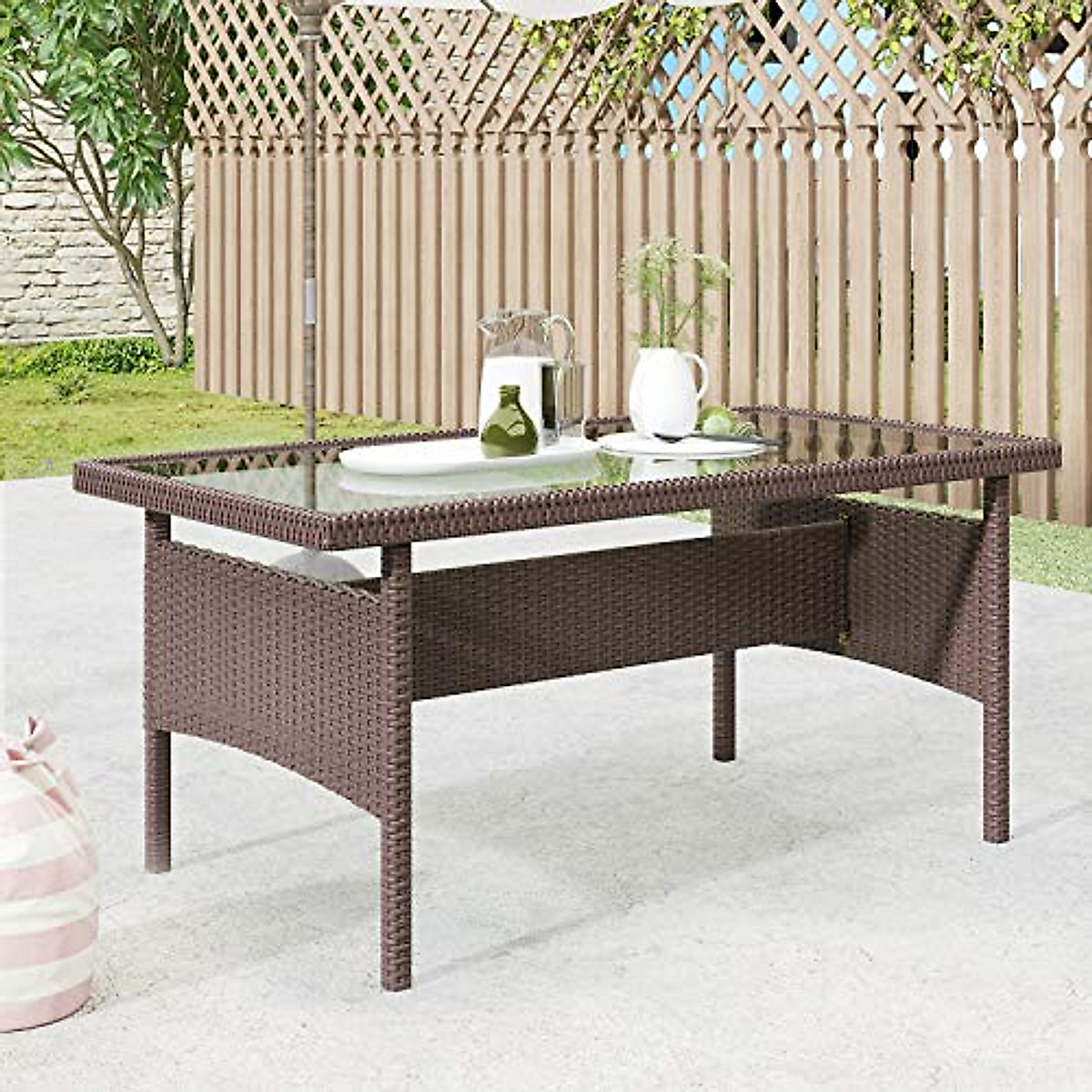 Tensun 6-Piece Outdoor PE Wicker Sofa Set,Patio Rattan Dining Table Set with Removable Cushions and Tempered Glass Tea Table, Sectional Sofa Set for Backyard, Poolside, Deck, Brown Wicker+Blue Cushion