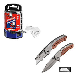 WORKPRO Utility Knife Blades 100-Pack Utility Blades Replacement with Dispenser, SK5 Carbon Steel, Red and Folding Utility Knife & EDC Pocket Knife Quick-Change Wood Handle Razor Box Cutter