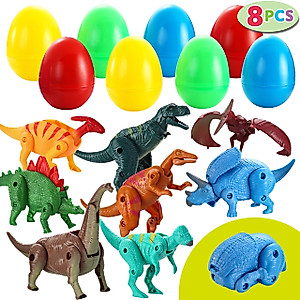 JOYIN 8 PCs Easter Prefilled Hatching Eggs Filled with Deformable Transforming Dinosaur with Movable Joints for Easter Basket Stuffers, Easter Theme Party Favors, Classroom Prize Supplies