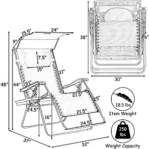 HAPPYGRILL Zero Gravity Lounge Chair Folding Patio Recliner for Outdoor Beach Patio Poolside, Coffee
