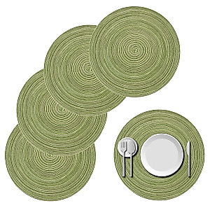 Round Braided Placemats Set of 4, Cotton Round Table Placemats 15 inch for Home Wedding Party (Green)