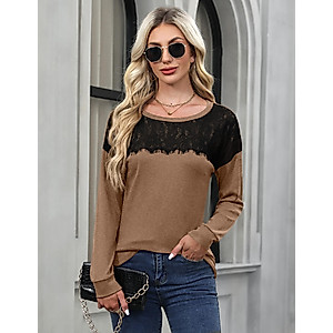 Women Fall Long Sleeve Holiday Lace Blouse Casual Trendy Formal Sweatshirt Brown M