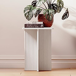 Square Fluted Accent Side Table - Drink Table - Living Room Furniture - Modern Home and Bedroom Decor - Pedestal Side Table with a Solid Oak Base (White)