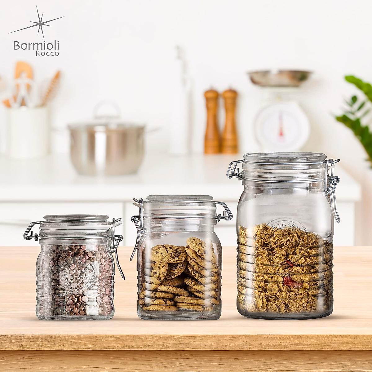 Bormioli Rocco Officina 1825 Variety Pack, Set Of 3 Glass Jars (33.75 Oz. 25.25 Oz. 17 Oz.), Wide Opening, With Airtight Hinged Lid, clear, Made In Italy.
