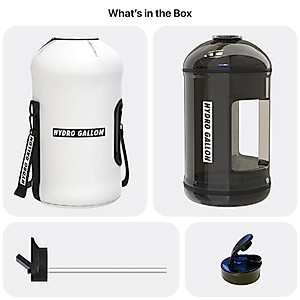 Hydro Gallon® - 1 Gallon Water Bottle Jug with Insulated Sleeve and Straw Lid, Handle, Motivational Time Marker, Pocket, Shoulder Strap. Leakproof BPA free Large Big Bottle. 128oz (White)