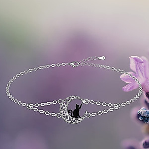 Black Cat Bracelet Sterling Silver Charm Celtic Moon Cat Friendship Matching Bracelets for Women Cute Animal Fun Kitten Halloween Cats Lover Gifts