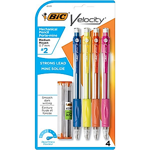 BIC Velocity Original Mechanical Pencils, Medium Point (0.7 mm), Assorted Colored Barrels, 4-Count Pack, Pencils for Office and School Supplies (MV7P41-BLK)