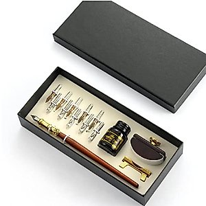 NC Calligraphy Dip Pen Set, Retro European Style Wooden Ink Pen Business Gift, 10 Nibs, 15ml Ink, Pen Holder, Packing Box