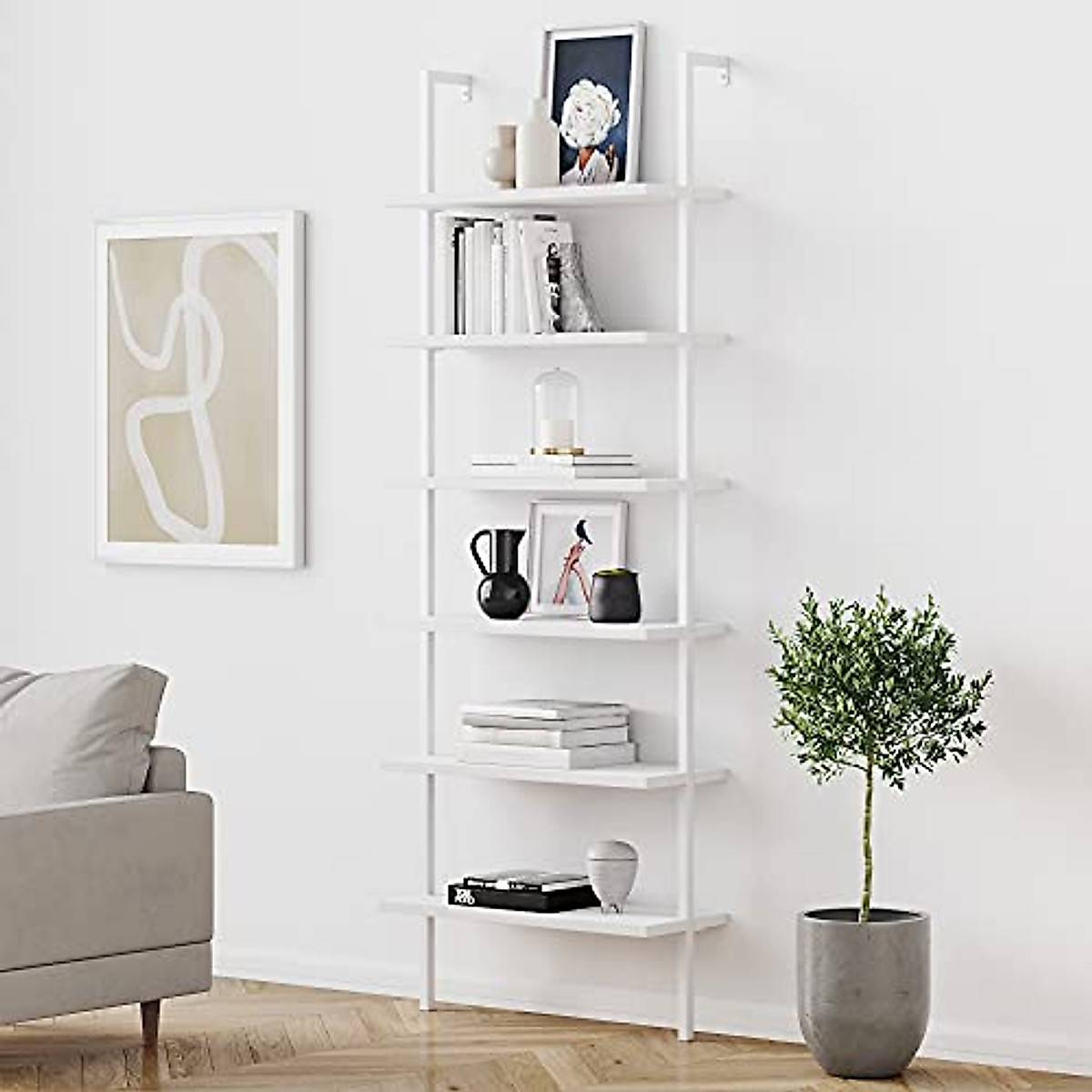 Nathan James Theo 6-Shelf Tall Modern Bookshelf, Wall Mount Ladder Shelf Bookcase with Wood and Industrial Metal Frame, Matte White