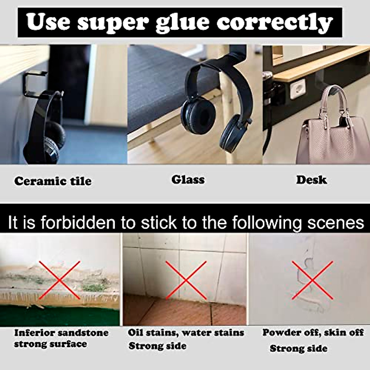 Yovimak Multifunctional Acrylic Stand, Headphone Stand Headphone Holder Adhesive Gaming Headset Hook for Most Headphones/Game Controllers, Universal Desktop Wall Mount Hook for Handbag (Black)